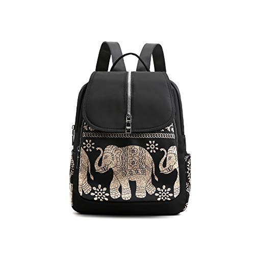 JOZZYAPA Elephant Lightweight Waterproof Rucksack Nylon Anti Theft Canvas Black Backpack Lovely Unique Gifts for Women and Girls, 263310cm