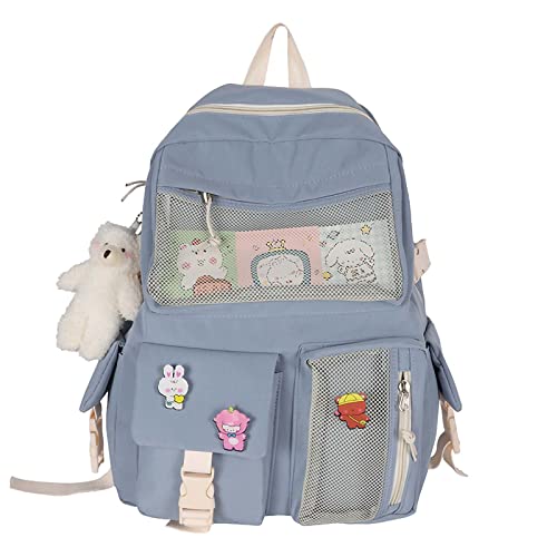 Kawaii Backpack Aesthetic Laptop Bag Large Capacity School Bag 17in Cute Bookbag Backpacks for Girls with Badge&Cute Pendant Blue2