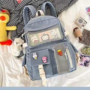 Kawaii Backpack Aesthetic Laptop Bag Large Capacity School Bag 17in Cute Bookbag Backpacks for Girls with Badge&Cute Pendant Blue2