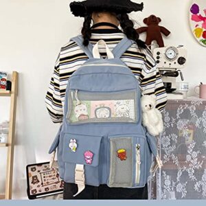 Kawaii Backpack Aesthetic Laptop Bag Large Capacity School Bag 17in Cute Bookbag Backpacks for Girls with Badge&Cute Pendant Blue2