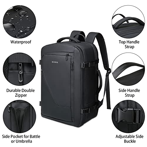 BUNPOL Travel Backpack for Men,Large Capacity Laptop Carry on Backpack Flight Approved Waterproof Durable Fit 20 Inch Laptop Backbag Weekender Bag for Men Women Black