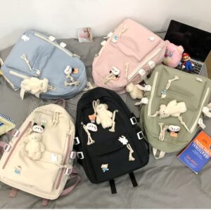 Timtram Kawaii School Backpack, Cute Aesthetic Backpack, Cute Kawaii School Backpack, for Teen Girl Boy Aesthetic, Bag for Laptop School College Free Plush Pendant & Pins (Green)