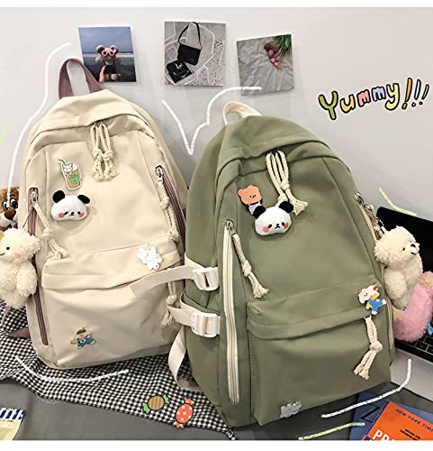 Timtram Kawaii School Backpack, Cute Aesthetic Backpack, Cute Kawaii School Backpack, for Teen Girl Boy Aesthetic, Bag for Laptop School College Free Plush Pendant & Pins (Green)