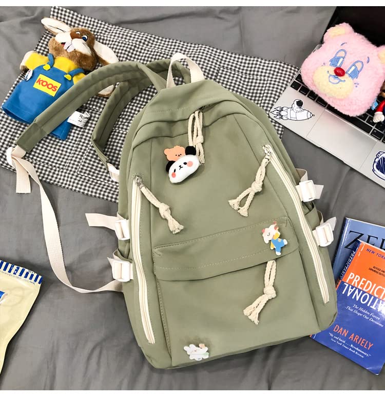 Timtram Kawaii School Backpack, Cute Aesthetic Backpack, Cute Kawaii School Backpack, for Teen Girl Boy Aesthetic, Bag for Laptop School College Free Plush Pendant & Pins (Green)