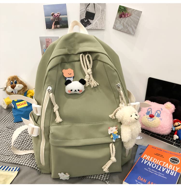 Timtram Kawaii School Backpack, Cute Aesthetic Backpack, Cute Kawaii School Backpack, for Teen Girl Boy Aesthetic, Bag for Laptop School College Free Plush Pendant & Pins (Green)