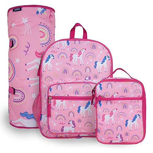 Wildkin Day2Day Backpack, Lunch Box Bag with Nap Mat Bundle (Rainbow Unicorns)