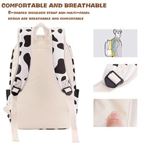 Cow Print School Bag Set, Junlion Laptop Backpack Lunch Bag Pencil Case White