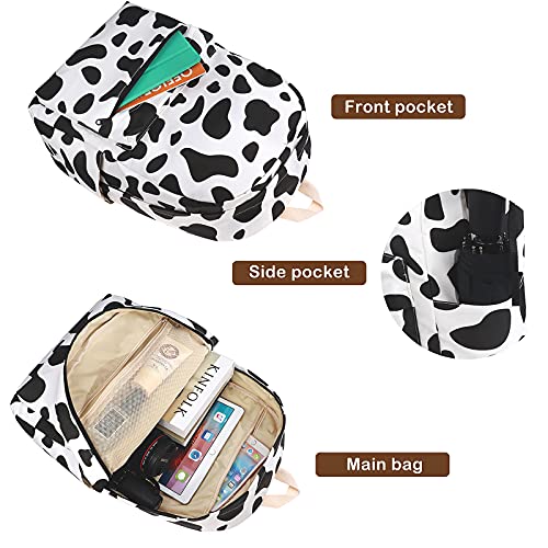 Cow Print School Bag Set, Junlion Laptop Backpack Lunch Bag Pencil Case White