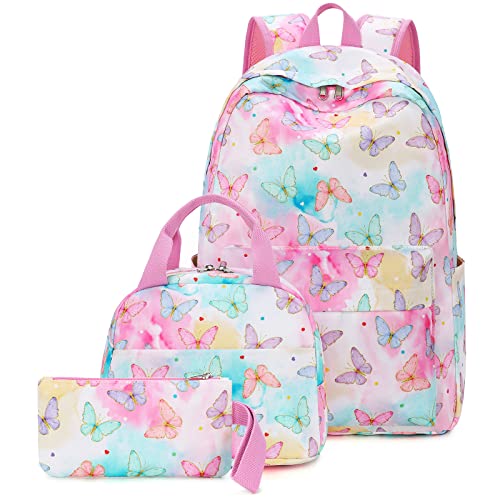 LEDAOU Backpack for Teen Girls School Bags Kids Bookbags Set School Backpack with Lunch Box and Pencil Case (Butterfly)