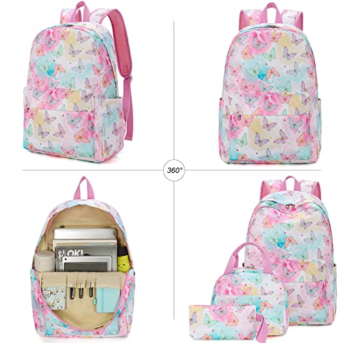 LEDAOU Backpack for Teen Girls School Bags Kids Bookbags Set School Backpack with Lunch Box and Pencil Case (Butterfly)