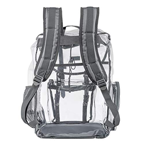 Heavy Duty Clear Backpack with Front Pocket, Clear Bookbag (Steel Gray) Medium