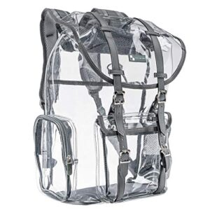 Heavy Duty Clear Backpack with Front Pocket, Clear Bookbag (Steel Gray) Medium