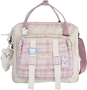 kawaii backpack with bear plush and pins, cute backpack japanese school handbag handbag ita bag for school (pink)