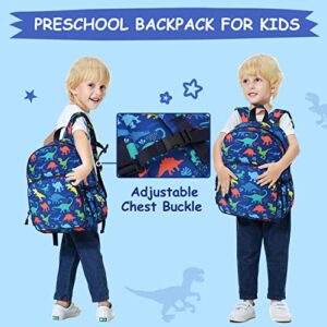 RAVUO Kids Backpack, Cute Dinosaur Backpack for Boys Toddler School Bookbag with Chest Strap