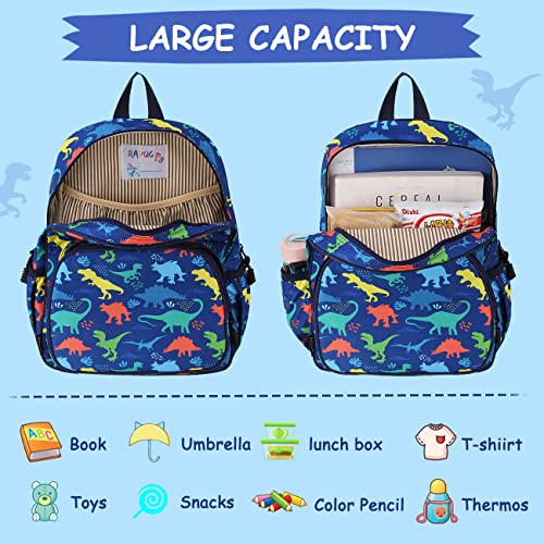 RAVUO Kids Backpack, Cute Dinosaur Backpack for Boys Toddler School Bookbag with Chest Strap