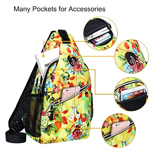 MOSISO Sling Backpack, Multipurpose Travel Hiking Daypack Rope Crossbody Shoulder Bag, Flowers & Birds