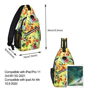 MOSISO Sling Backpack, Multipurpose Travel Hiking Daypack Rope Crossbody Shoulder Bag, Flowers & Birds