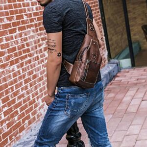 Men's Sling Bag Genuine Leather Chest Shoulder Backpack Cross Body Purse Water Resistant Anti Theft For Travel Hiking School