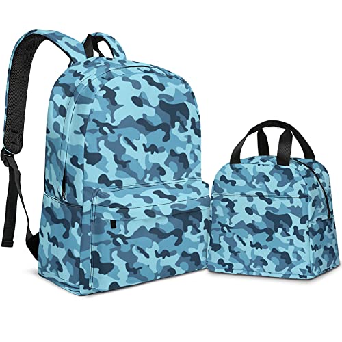 Camo 2-in-1 Backpack Set for Boys, Classic Camoflauge Kids School Backpack with Lunch Box Bag Combo, Lightweight Youth School Bags Bookbags 2pcs Set for Teen Students Travel Outdoor, 17 IN