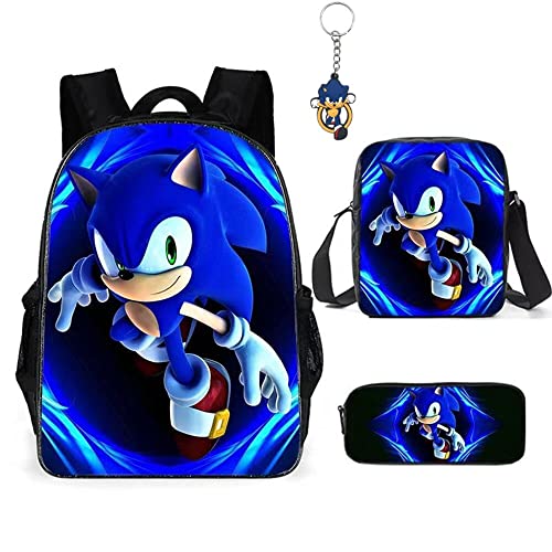 AII Lover 3Pcs Anime Hedgehog Backpack with Pencil Case,16in 3D Printed Cartoon Game Backpack Laptop Backpack (B)