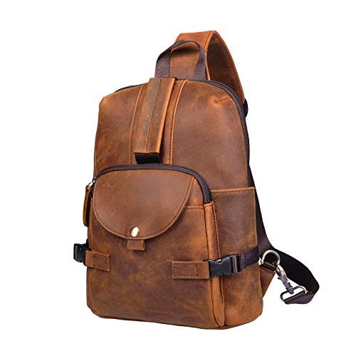 Le'aokuu Mens Fashion Casual Tea Designer Travel Hiking Crossbody Chest Sling Bag Rig One Shoulder Strap Bag For Men Leather