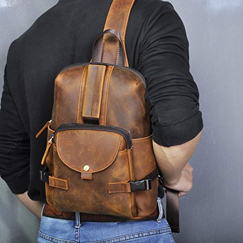 Le'aokuu Mens Fashion Casual Tea Designer Travel Hiking Crossbody Chest Sling Bag Rig One Shoulder Strap Bag For Men Leather