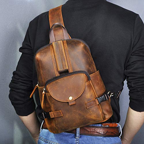 Le'aokuu Mens Fashion Casual Tea Designer Travel Hiking Crossbody Chest Sling Bag Rig One Shoulder Strap Bag For Men Leather