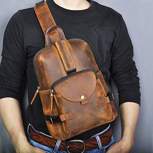 Le'aokuu Mens Fashion Casual Tea Designer Travel Hiking Crossbody Chest Sling Bag Rig One Shoulder Strap Bag For Men Leather