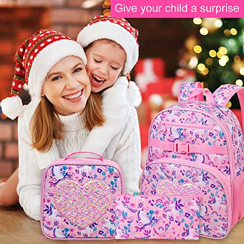 ZLYERT 3PCS Unicorn Backpack for Girls, Kids Bookbag for Preschool Elementary Students, 16" Sequin Backpacks with Lunch Box for Girl - Pink