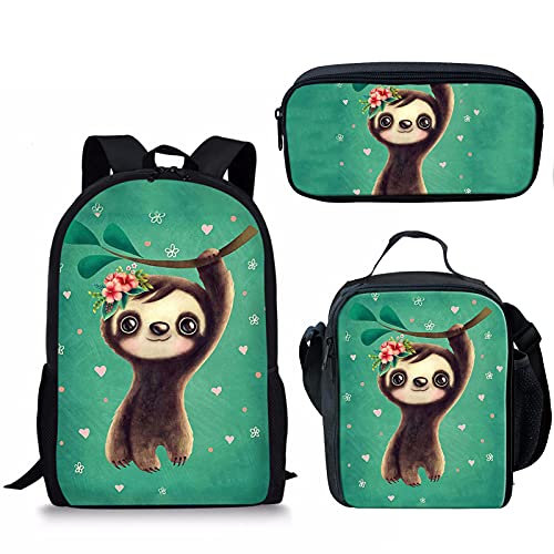 FANCOSAN School Backpacks 3 Packs Set for Kids Girls Cartoon Sloth Shoulder Bags Children 16 Inch Primary Bagpack Lunch Bag and Pencil Box