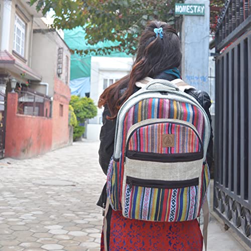 Ojas Yatra Large Hemp Backpack - Multi Pocket Organic Himalayan Student Bag Packs for Laptop - Boho/Hippie Himalayan Bag for Travel & Festivals