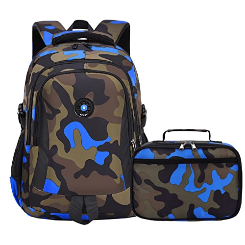 XLERHAZO School Backpack Camouflage Backpack Water Repellent Casual Daypack Lightweight Bookbags for Boys Girls (DX Camo Blue)