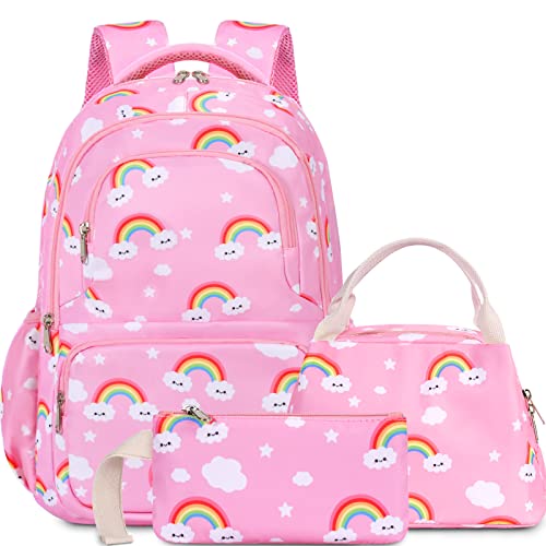 Unineovo Backpack for Girls, 16' Rainbow School Backpack for Kids - Lightweight Water Resistant Bookbag - Pink Nylon School Bag Set Gifts for Kid