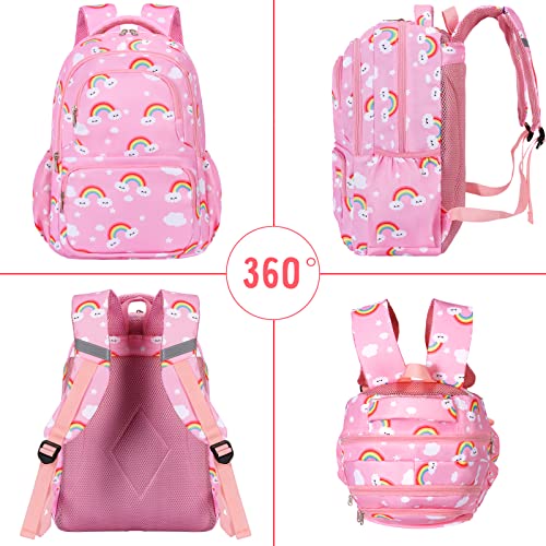 Unineovo Backpack for Girls, 16' Rainbow School Backpack for Kids - Lightweight Water Resistant Bookbag - Pink Nylon School Bag Set Gifts for Kid