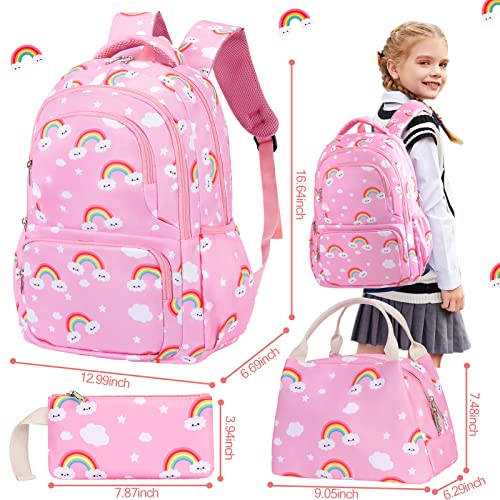 Unineovo Backpack for Girls, 16' Rainbow School Backpack for Kids - Lightweight Water Resistant Bookbag - Pink Nylon School Bag Set Gifts for Kid