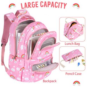 Unineovo Backpack for Girls, 16' Rainbow School Backpack for Kids - Lightweight Water Resistant Bookbag - Pink Nylon School Bag Set Gifts for Kid