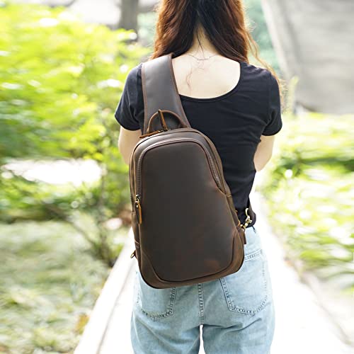 TIDING Men's Vintage Leather Crossbody Sling Bag Outdoor Travel Chest Bag Shoulder Daypack Fits 12.9" iPad