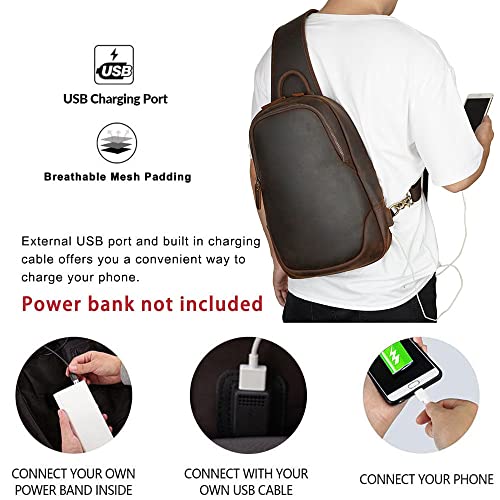 TIDING Men's Vintage Leather Crossbody Sling Bag Outdoor Travel Chest Bag Shoulder Daypack Fits 12.9" iPad