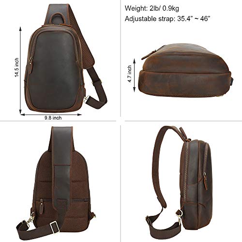 TIDING Men's Vintage Leather Crossbody Sling Bag Outdoor Travel Chest Bag Shoulder Daypack Fits 12.9" iPad