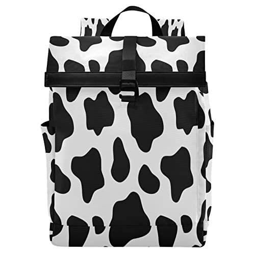 Cow Print Backpack Roll Top Backpack Black White Trendy Backpack Women & Men Casual Daypack Laptop Pocket