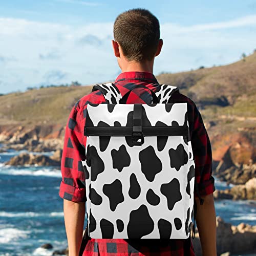 Cow Print Backpack Roll Top Backpack Black White Trendy Backpack Women & Men Casual Daypack Laptop Pocket