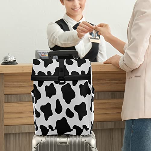 Cow Print Backpack Roll Top Backpack Black White Trendy Backpack Women & Men Casual Daypack Laptop Pocket