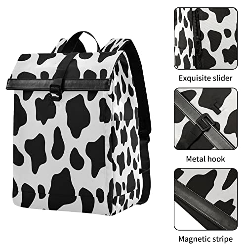 Cow Print Backpack Roll Top Backpack Black White Trendy Backpack Women & Men Casual Daypack Laptop Pocket