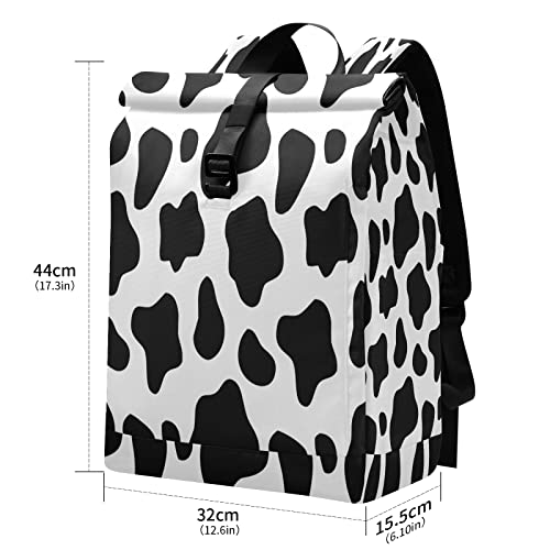 Cow Print Backpack Roll Top Backpack Black White Trendy Backpack Women & Men Casual Daypack Laptop Pocket