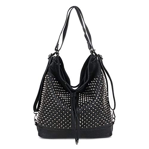 Chikencall Over-size Studded Bucket Bag or Women,3 Ways Multifunction Backpack Vegan Leather Punk Rock Rivet Large Shoulder Bag Crossbody Bag Black