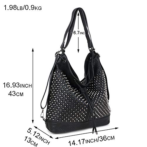 Chikencall Over-size Studded Bucket Bag or Women,3 Ways Multifunction Backpack Vegan Leather Punk Rock Rivet Large Shoulder Bag Crossbody Bag Black