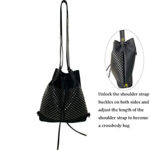 Chikencall Over-size Studded Bucket Bag or Women,3 Ways Multifunction Backpack Vegan Leather Punk Rock Rivet Large Shoulder Bag Crossbody Bag Black