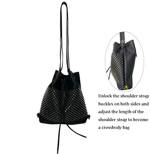 Chikencall Over-size Studded Bucket Bag or Women,3 Ways Multifunction Backpack Vegan Leather Punk Rock Rivet Large Shoulder Bag Crossbody Bag Black