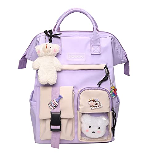 HIDRUO Kawaii Aesthetic Backpack with Cute Accessories Large Capacity Multi-pocket Girl School Bag Rucksack (Purple)