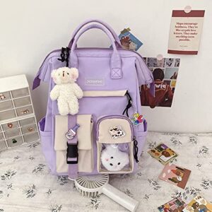 HIDRUO Kawaii Aesthetic Backpack with Cute Accessories Large Capacity Multi-pocket Girl School Bag Rucksack (Purple)